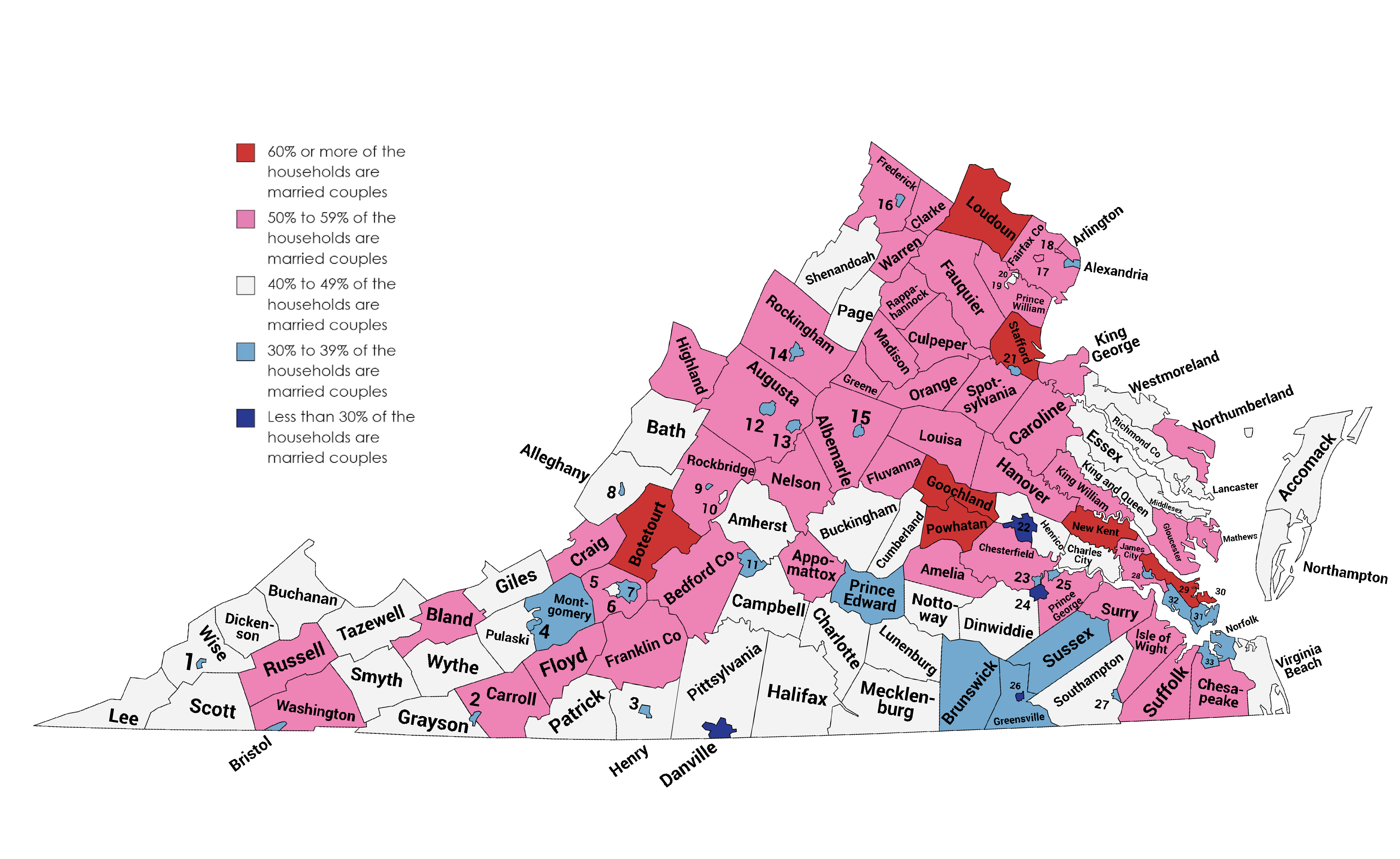 Virginia counties with the highest and lowest shares of married couples ...