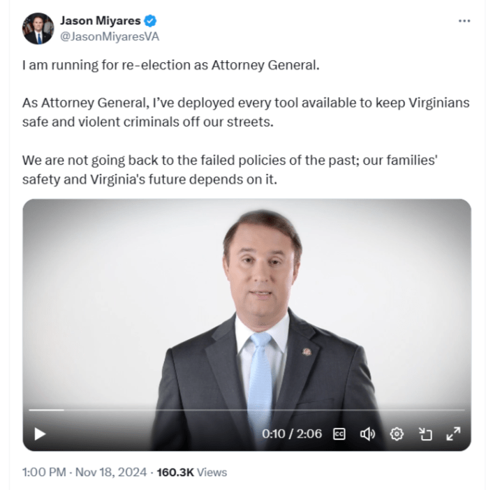 Miyares to seek reelection; 2025 governor's race now appears set ...