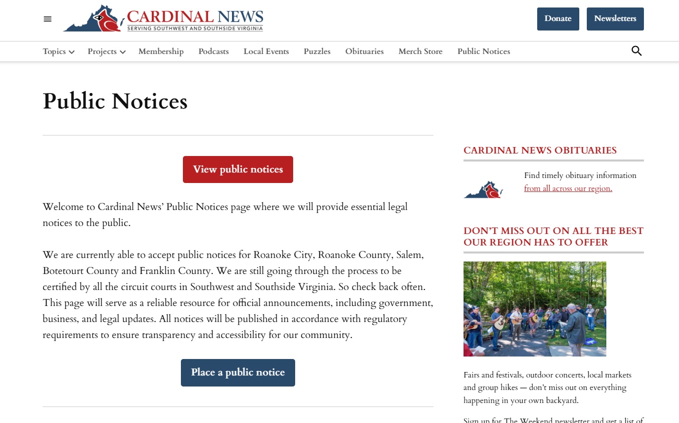 Cardinal begins publishing legal notices - Cardinal News
